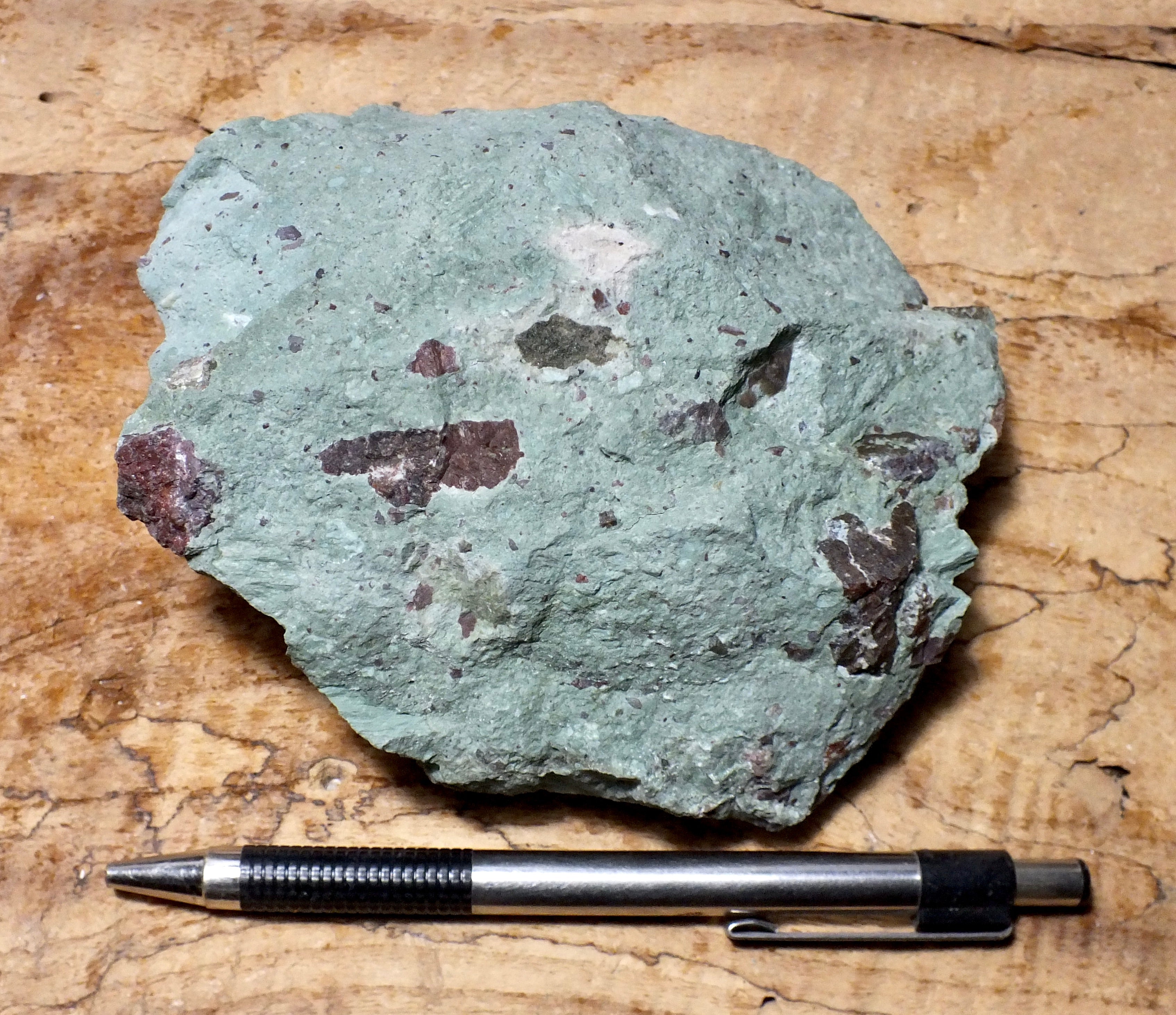 tuff - copper-stained green welded tuff - teaching hand/display specim ...